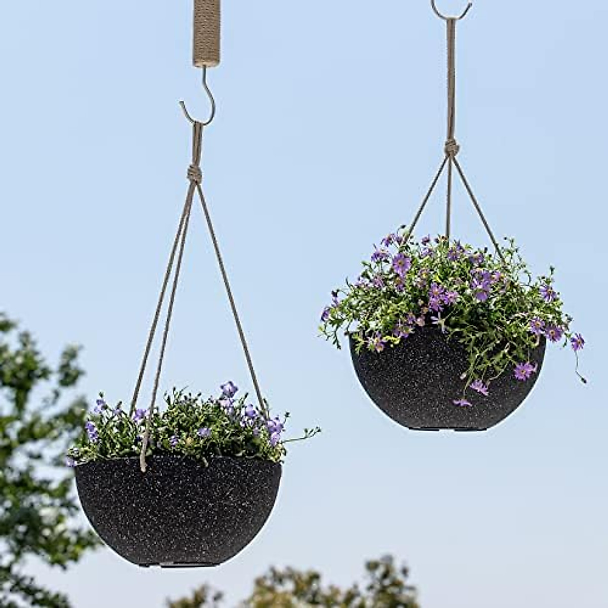 LA Jolie Muse Hanging Planters for Outdoor Plants - 10 Inch Indoor Flower Pots with Drainage, Plants Pots, Speckled-Black, Set of 2