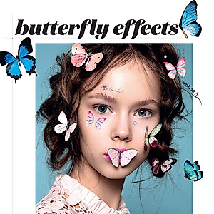 Glitter Butterfly Temporary Tattoos Stickers for Girls, Waterproof Body Stickers Fairy Wings Flowers Waterproof Fake Tattoo Decorations for Kids Women Face Makeup Birthday Party Favors Goodie