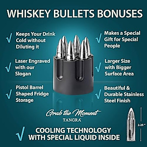 Whiskey Stones Large 6 Laser Engraved Stainless Steel Silver Bullets with Revolver Barrel Base Reusable Chilling Rocks Stone Ice Cubes Chillers Birth Day Gift Set for Father's Day, Military Man