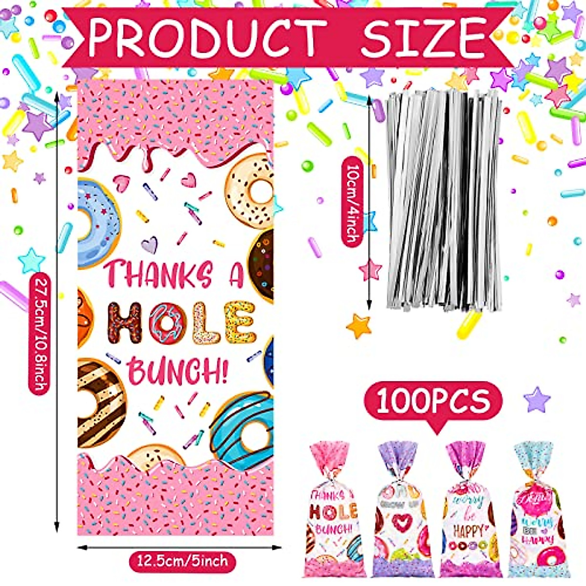 Jetec 100 Pcs Donut Candy Bags Donut Grow up Party Supplies Donut Cellophane Bags Gift Treat Bag Goodie Bags with Ties Two Sweet Donut Theme Birthday Party Decorations