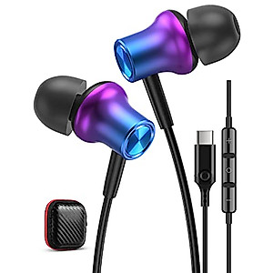 USB C Headphones Earbuds for S23 Ultra HiFi Stereo Bass Magnetic Wired Ear Buds Noise Canceling Earphones Headset with Microphone for Samsung Galaxy S22 S21 FE Google Pixel 7 Pro iPad Oneplus Purple