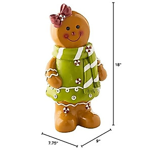 Plow & Hearth Indoor/Outdoor LED Light-Up Christmas Gingerbread Girl Shorty Statue, LED Lights with Auto-Timer, Sweet Details, Holiday Accent, Battery-Operated, 9" L x 7¾"W x 18" H