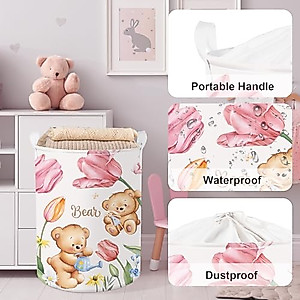 Clastyle Large Pink Tulip Bear Baby Gift Basket Kid Clothes Toy Book Nursery Storage Bin Girl Bedroom Butterfly Flower Laundry Hamper, 14x17.7 in