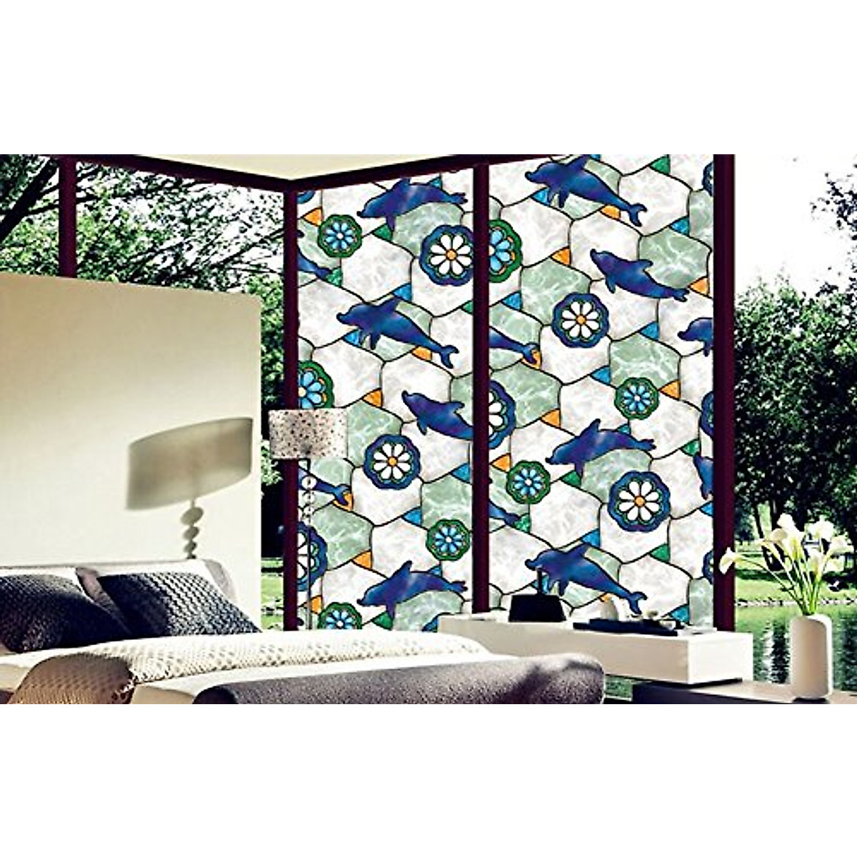 Emoyi Painted Dolphins Static Cling Window Film Privacy Glass Film for Office Bedroom Bathroom 17''X78.7''