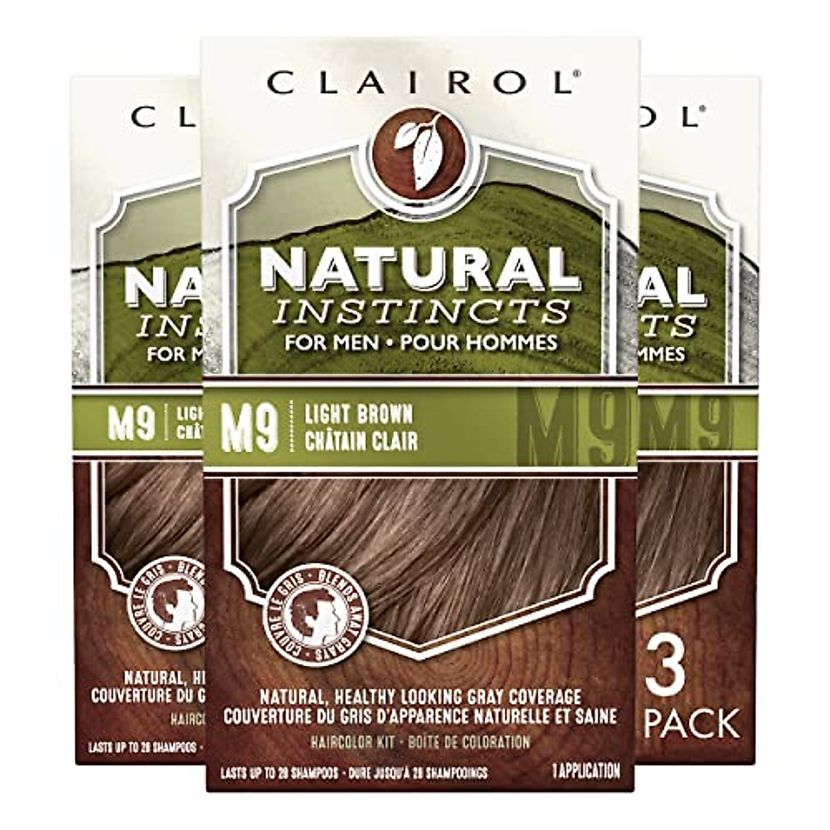 Clairol Natural Instincts Semi-Permanent Hair Dye for Men, M9 Light Brown Hair Color, Pack of 3