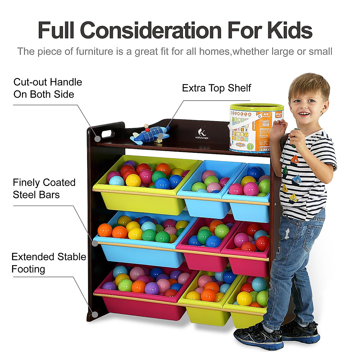 KRAND Toy Storage Organizer for Kids 100% Pine Solid Wood Kids Toy Organizer with Thick Anti-Break Storage Bins (Espresso)