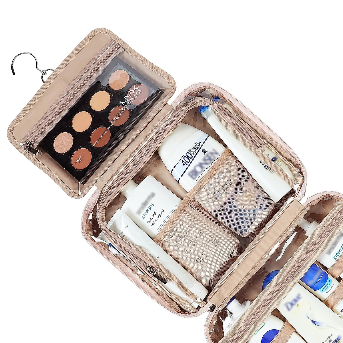 NISHEL Travel Toiletry Bag for Women Large Capacity, Makeup Essentials Organizer, Hanging Case for Accessories, Cosmetics, Pink