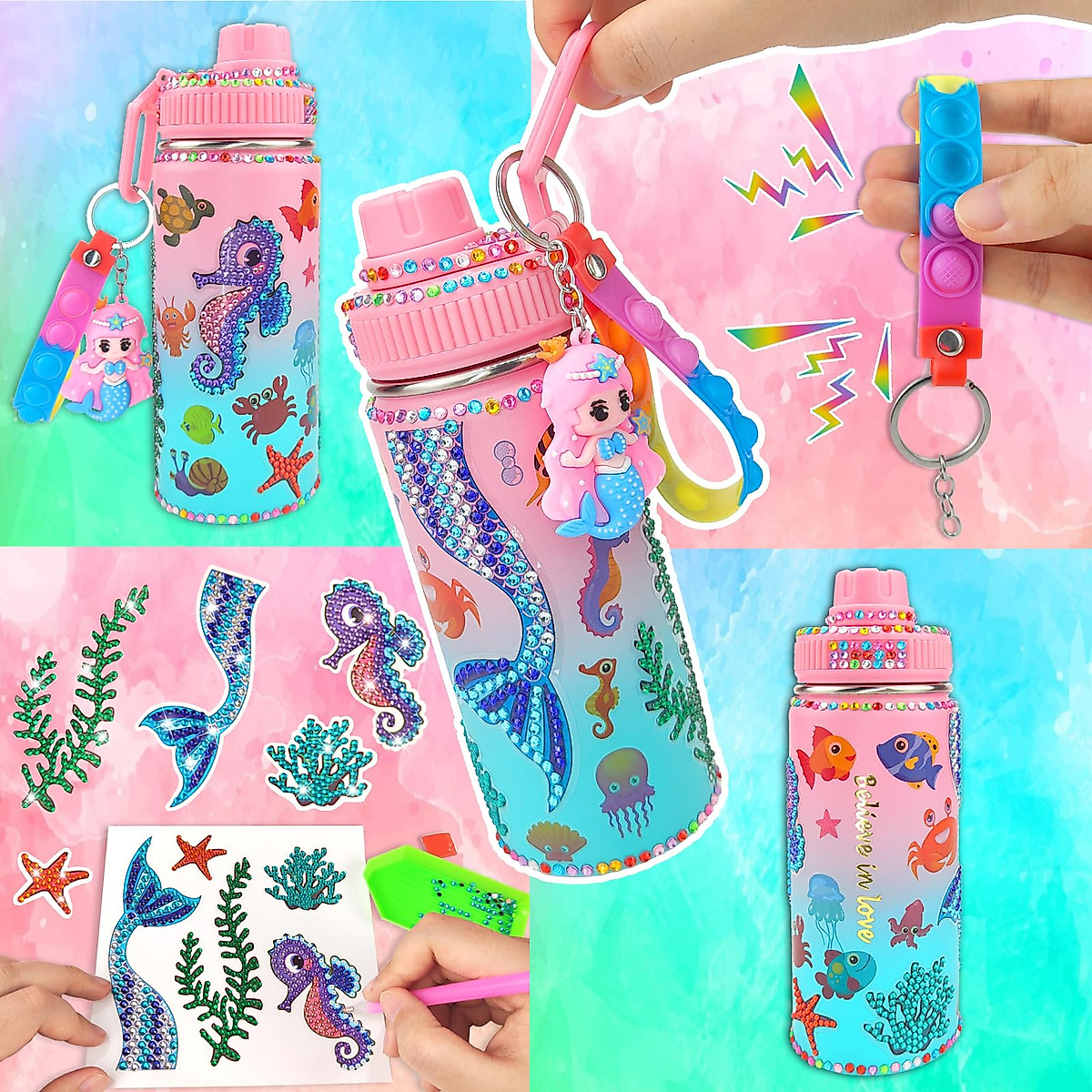 7july Decorate Your Own Water Bottle Kits for Girls Age 4-6-8-10 (Stainless Steel),Mermaid Themed Painting Crafts,Fun Arts and Crafts Gifts Toys for Girls Birthday Christmas