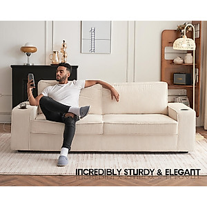 Jocisland Sofa, 89 Inch Deep Seat Couch with USB Charging Stations & Drink Holders, Modern Sofa- Comfy Sofa Couch for Living Room (Beige Corduroy)