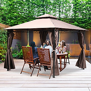 Outdoor Double Roof Hardtop 10' X 10'Gazebo for Patio Grill,Gazebo Large Garden Top Gazebo with Sidewall Party Tent with Curtains & Net（Brown）