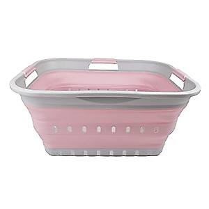 SAMMART 42L (11 gallon) Collapsible Plastic Laundry Basket - Foldable Pop Up Storage Container/Organizer - Portable Washing Tub - Space Saving Hamper/Basket (Grey/Pale Pink)