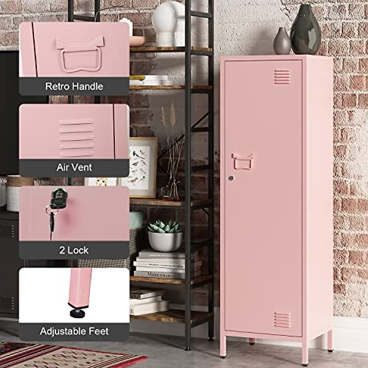 MIOCASA Metal Locker Storage Cabinets with Doors and Shelves Lockable 3 Tier File Cabinet Organizer Coat Lockers for Kids, Living Room, Office, Gym (Pink)