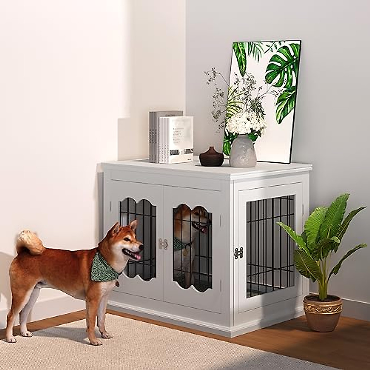4NM Furniture Style Dog Crate with Cushion, Dog Kennel, Dog Cage for Small Medium Dogs, Indoor Aesthetic Puppy Kennel, Chew-Proof Metal Bars,Pretty Cute End Side Table Nightstand- White