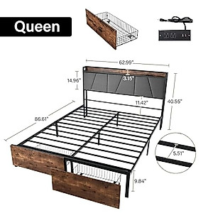 HOMBCK Queen Size Bed Frame with Charging Station, Queen Bed Frame with Storage Headboard, 2 Storage Drawers, Mattress Foundation with Strong Slats Support, No Box Spring Needed