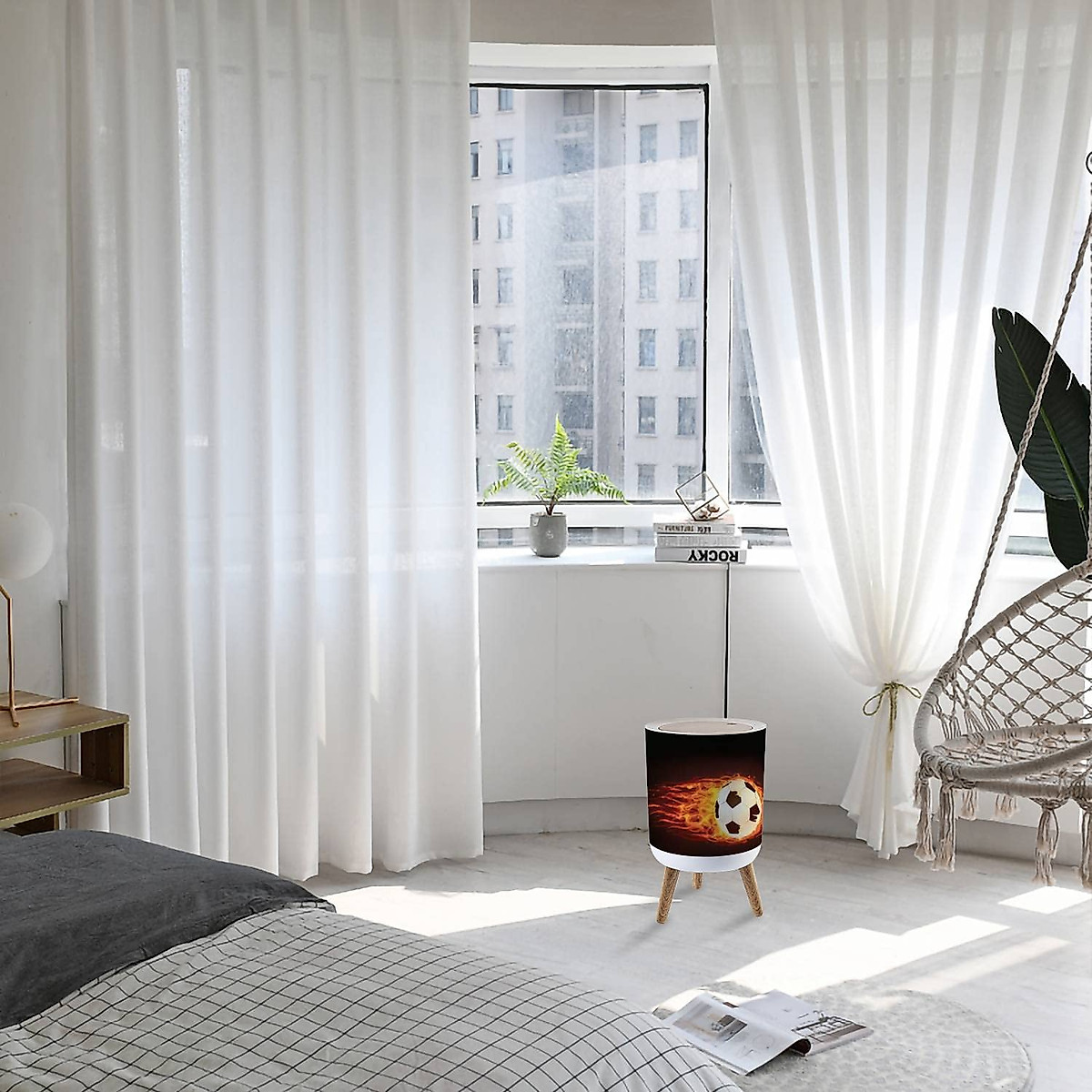 IBPNKFAZ89 Small Trash Can with Lid Soccer Ball in Fire Isolated on Black Garbage Bin Wood Waste Bin Press Cover Round Wastebasket for Bathroom Bedroom Office Kitchen