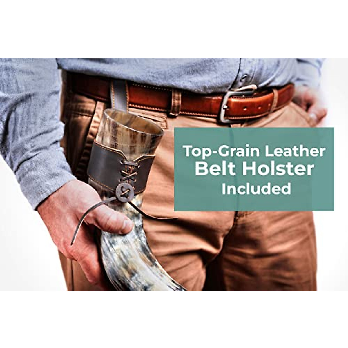 Norse Tradesman 20" Authentic Ox-Horn Viking Drinking Horn with Genuine Black Leather Belt Holster | Burlap Gift Sack Included | The Journeyman, Low-Polish, 20-Inch