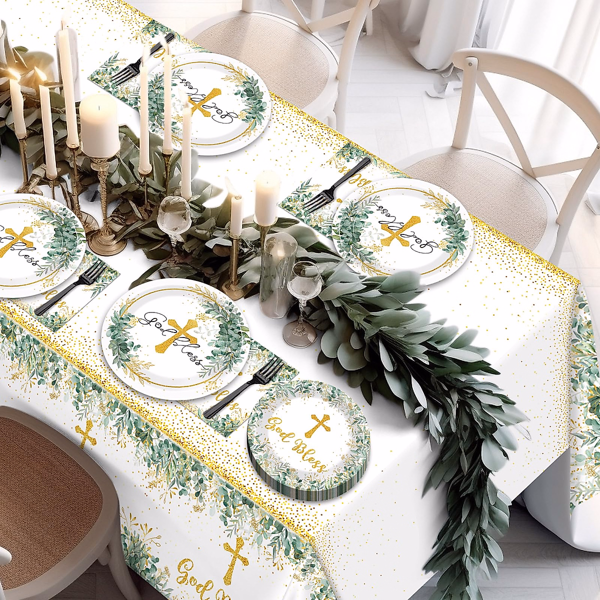 98pcs God Bless Plates Baptism Tableware First Holy Communion Mi Bautizo Disposable Tableware Set with Plates Napkins Tablecloth for Newborn Baby Shower Party Christening Religious Party Decorations