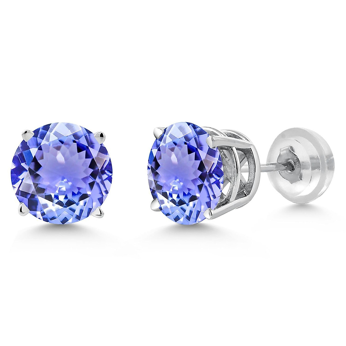 Gem Stone King 14K White Gold Natural Genuine Blue Tanzanite Stud Earrings For Women (1.80 Cttw, Gemstone Birthstone, Round 6MM)