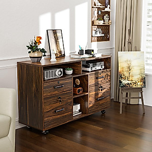 VINGLI Wide 4 Drawer File Cabinet with Lock, Wood Lateral File Cabinet with Open Shelves, Lockable Rolling File Cabinets for Home Office, Dark Brown File Cabinet Printer Stand, Letter Sized