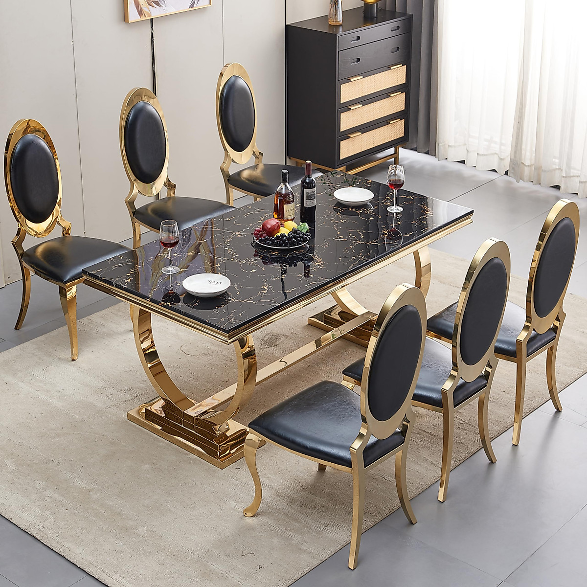 Maotifeys 70" Black Marble Dining Table, Rectangle Marble Top Dining Table for 6-8 Person, Gold U-Shape Stainless Steel Pedestal Dining Table, Mid Century Modern Dining Table for Dining Room Kitchen