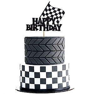 Car Cake Topper Race Car Cake Decorations for Racing Car Checkered Flag Themed Kids Boy Girl Happy Birthday Party Supplies