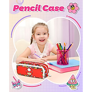 Trendy Fun for Large Pencil Case Big Capacity 3 Compartments Pencil Pouch Cute Cartoon Design Aesthetic Pen Bag with Zipper for Girls Teens Estuche para Lapices Sticker +Pen+ ID Badge Holder+Lanyard