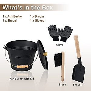 Poofzy Ash Bucket with Lid, 1.3 Gallon Ash Bucket for Fireplace, Metal Fireplace Bucket for Ashes Includes Shovel, Hand Broom and Gloves for Wood Burning Stove, Fire Pit and Grill