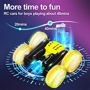 TRIPLEFINE Remote Control Car for Boys & Girls 8-12, LED Fast RC Stunt Car, 2.4GHz RC Cars, 4WD Double Side 360° Rotating RC Cars, Remote Control Car for Kids with Rechargeable Battery(Yellow)