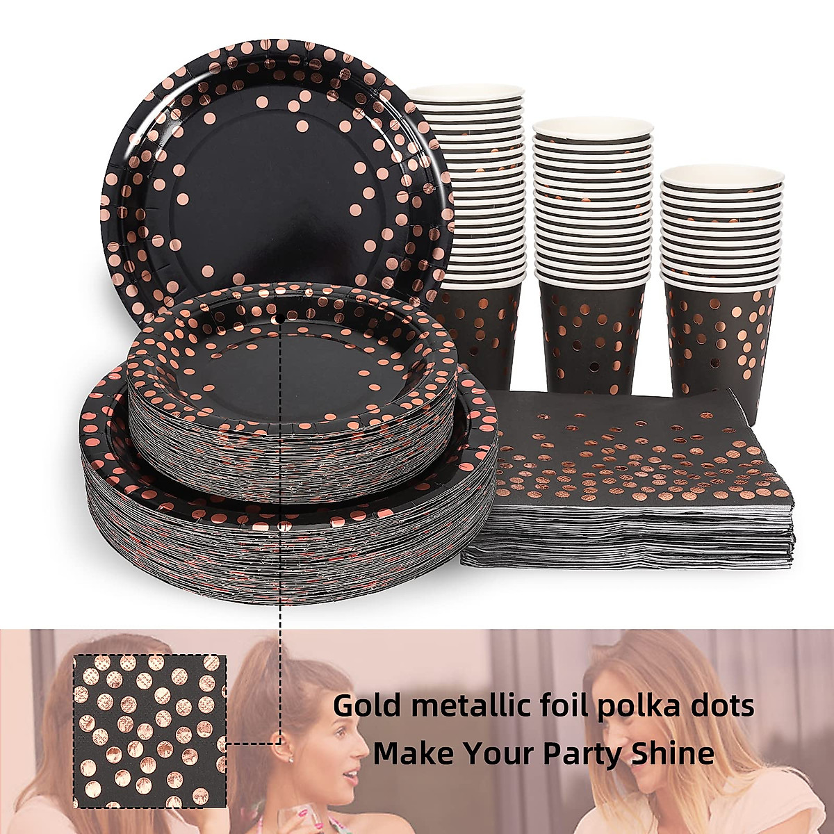 Simbago Black and Rose Gold Party Supplies-Disposable Dinnerware Set 50 Paper Plates 50 Dessert Plates 50 Cups 50 Napkins,Retirement Birthday