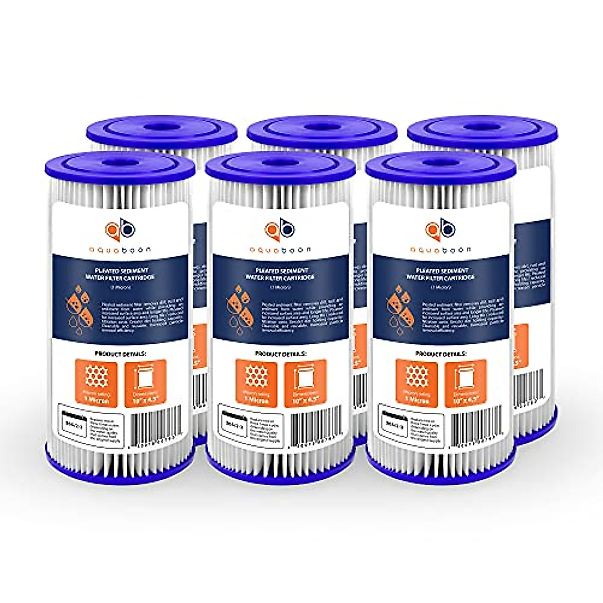 Aquaboon 1 Micron 10" x 4.5" Pleated Sediment Water Filter Replacement Cartridge | Whole House Sediment Filtration | Compatible with FM-BB-10-1, ECP1-BB, FM-BB-10-1A, HDC3001, WPC1FF975, 6-Pack