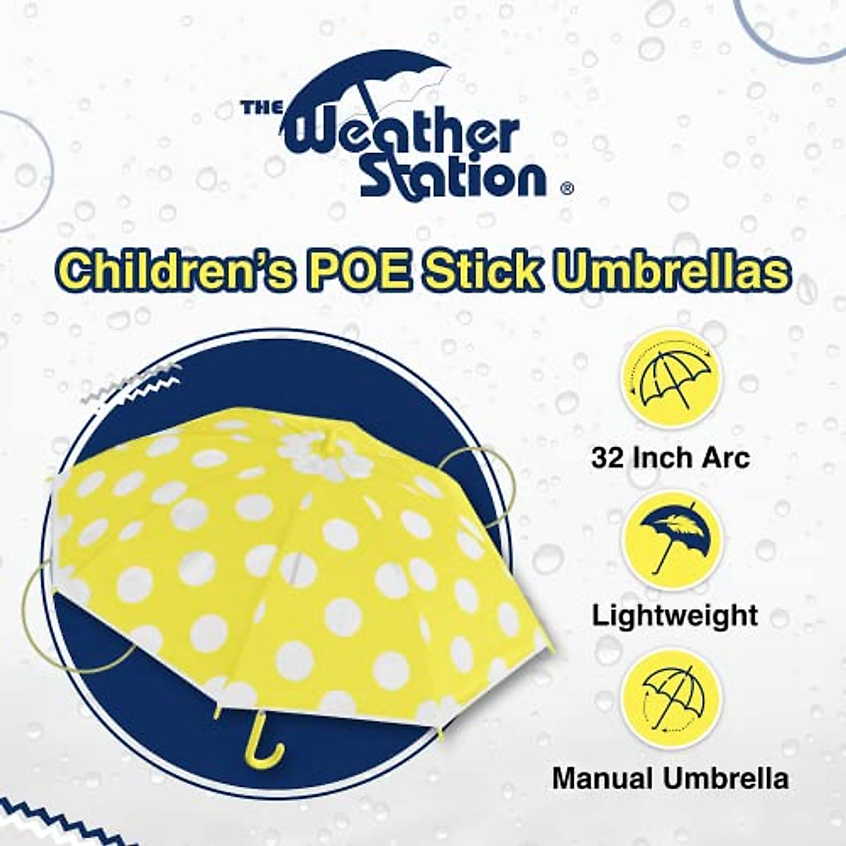 The Weather Station Children's Mini Manual Rain Umbrella, Fiberglass, Windproof, Lightweight, and Packable for Travel, Full 32 Inch Arc, Yellow Dot