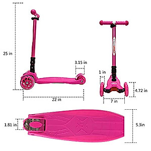 ChromeWheels Scooters for Kids, Deluxe Kick Scooter Foldable 4 Adjustable Height 132lbs Weight Limit 3 Wheel, Lean to Steer LED Light Up Wheels, Best Gifts for Girls Boys Age 3-12 Year Old, Pink