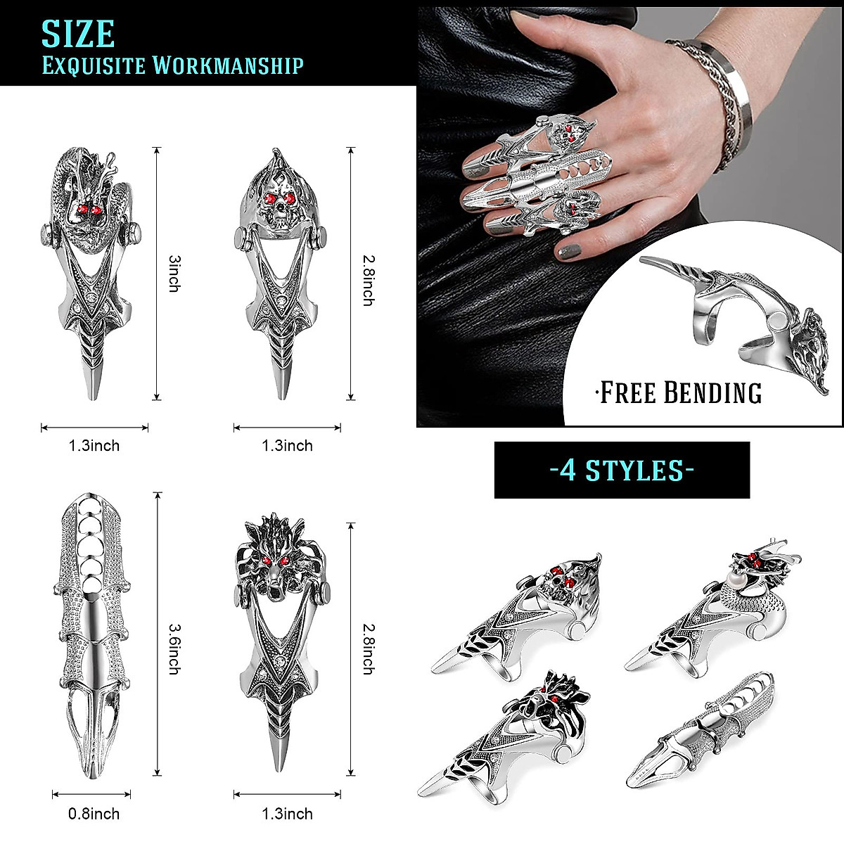 5 Pieces Full Finger Ring Punk Wristband Skull Fingers Hand Bracelet Skull Finger Skeleton Joint Bracelet Knuckle Full Ring for Halloween Accessories (Silver)