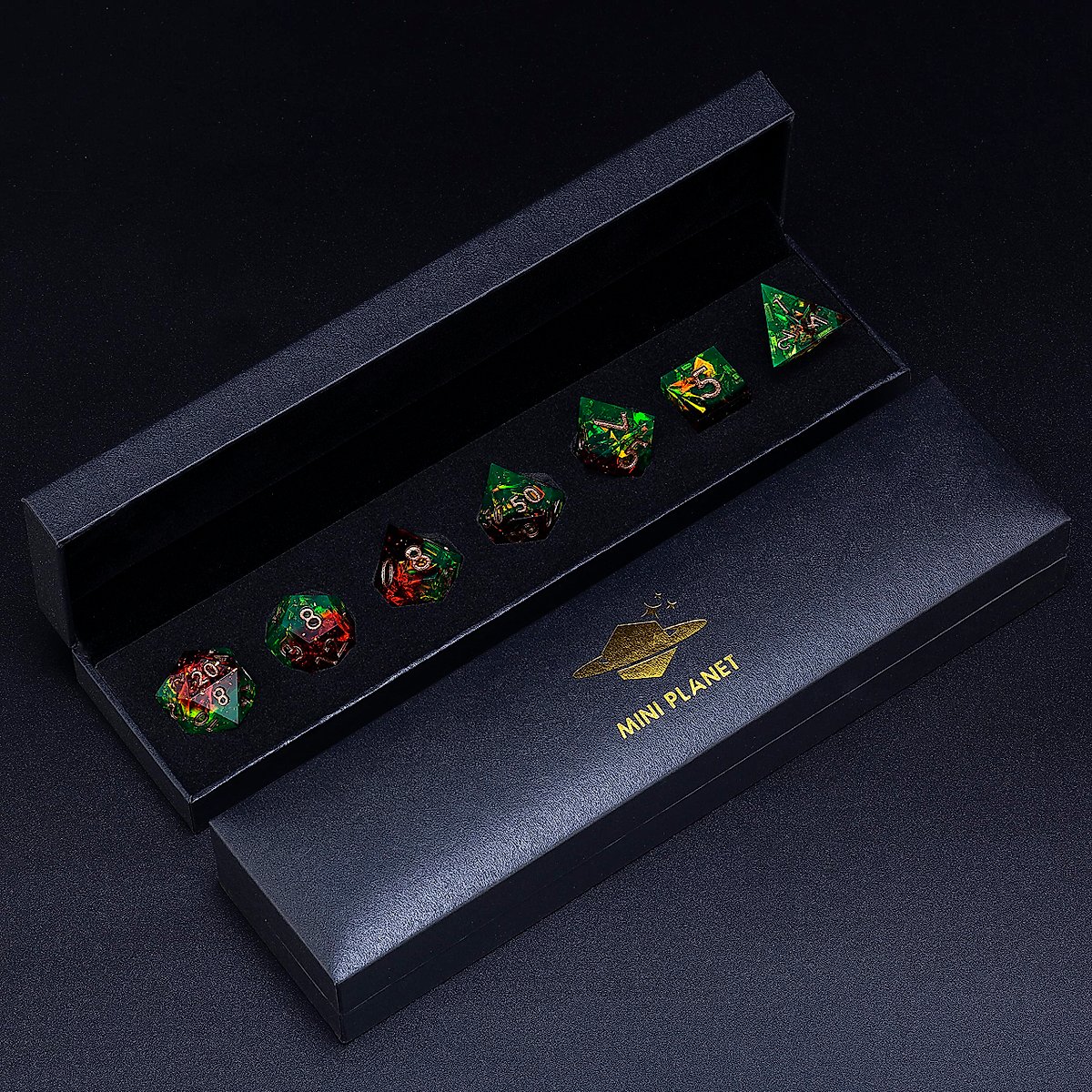 DND Dice Sharp Edge Dice Polyhedral Dice Mini Planet Dice Dungeons and Dragons Dice Handmade Dice Set Peachy Galaxy (Jungle FIRE)