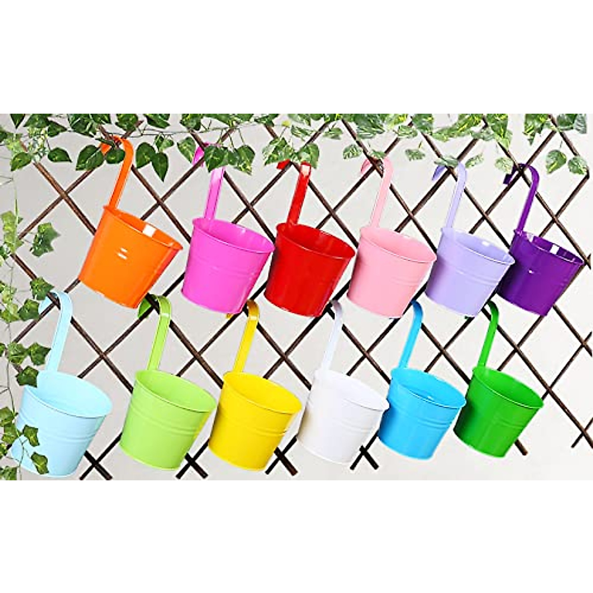 LOVOUS 6.3" x 4.7" x 5.3" Large Iron Hanging Planters Multicolor Flower Pots Balcony Garden Railing Planter, Fence Hanging Metal Bucket Plants Holders Set for Indoor and Outdoor, 12PCS, Black