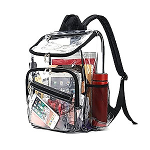 Clear Backpack Heavy Duty, Large PVC See Through Backpack with Water Bottle Holder, Clear Book bags Clear School Backpack for School, Stadium, Football Games, College (Black)