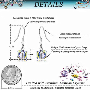 Austrian Crystal Cube Drop Dangle Earrings for Women Fashion 14K Gold Plated Hypoallergenic Jewelry (Aurora Borealis)