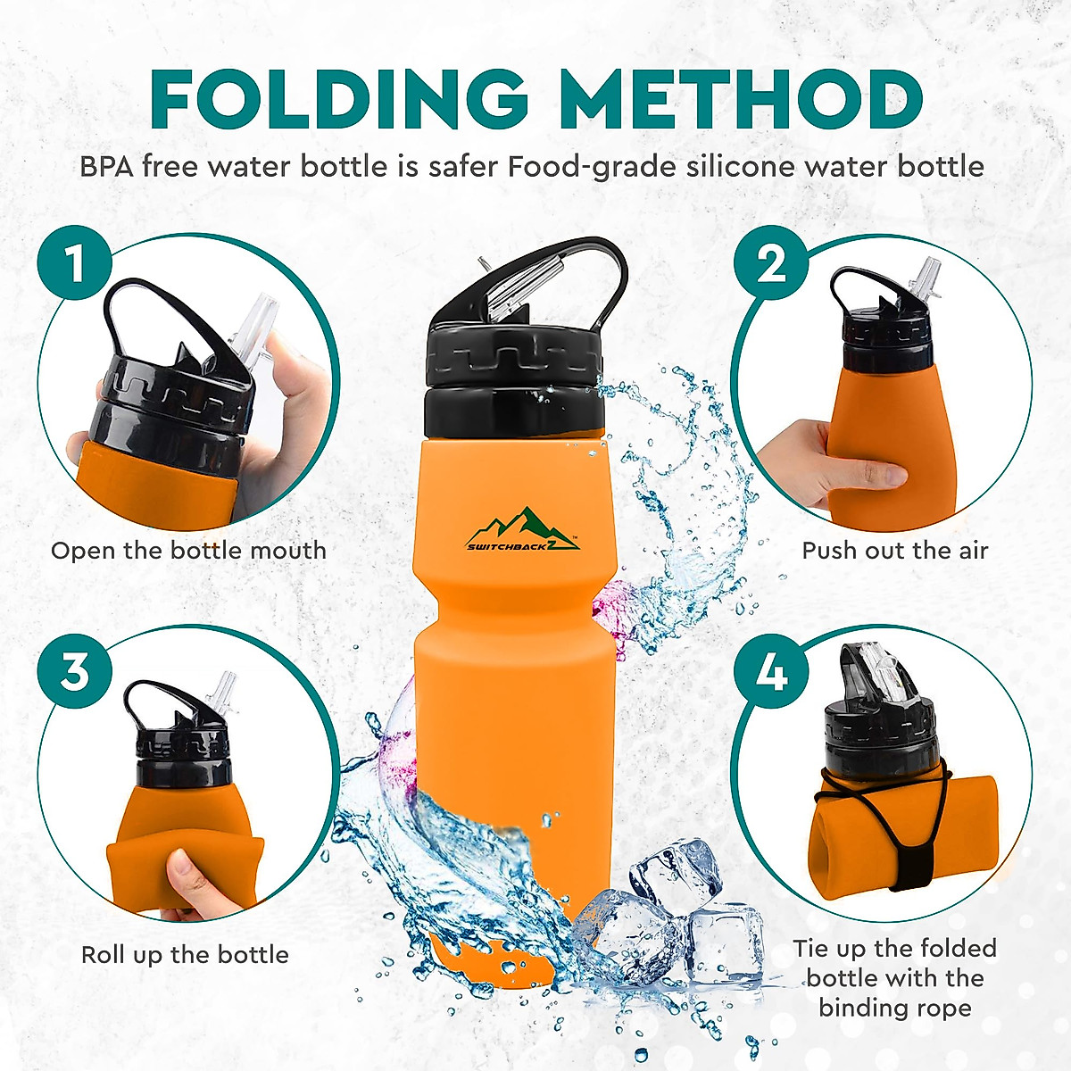 Collapsible Water Bottles (25 Oz) - Leakproof Foldable Water Bottle w/ Foldable Straw & Cleaner - BPA Free Lightweight Water Bottles - Ideal Sports Water Bottle for Camping, Traveling & More (Orange)