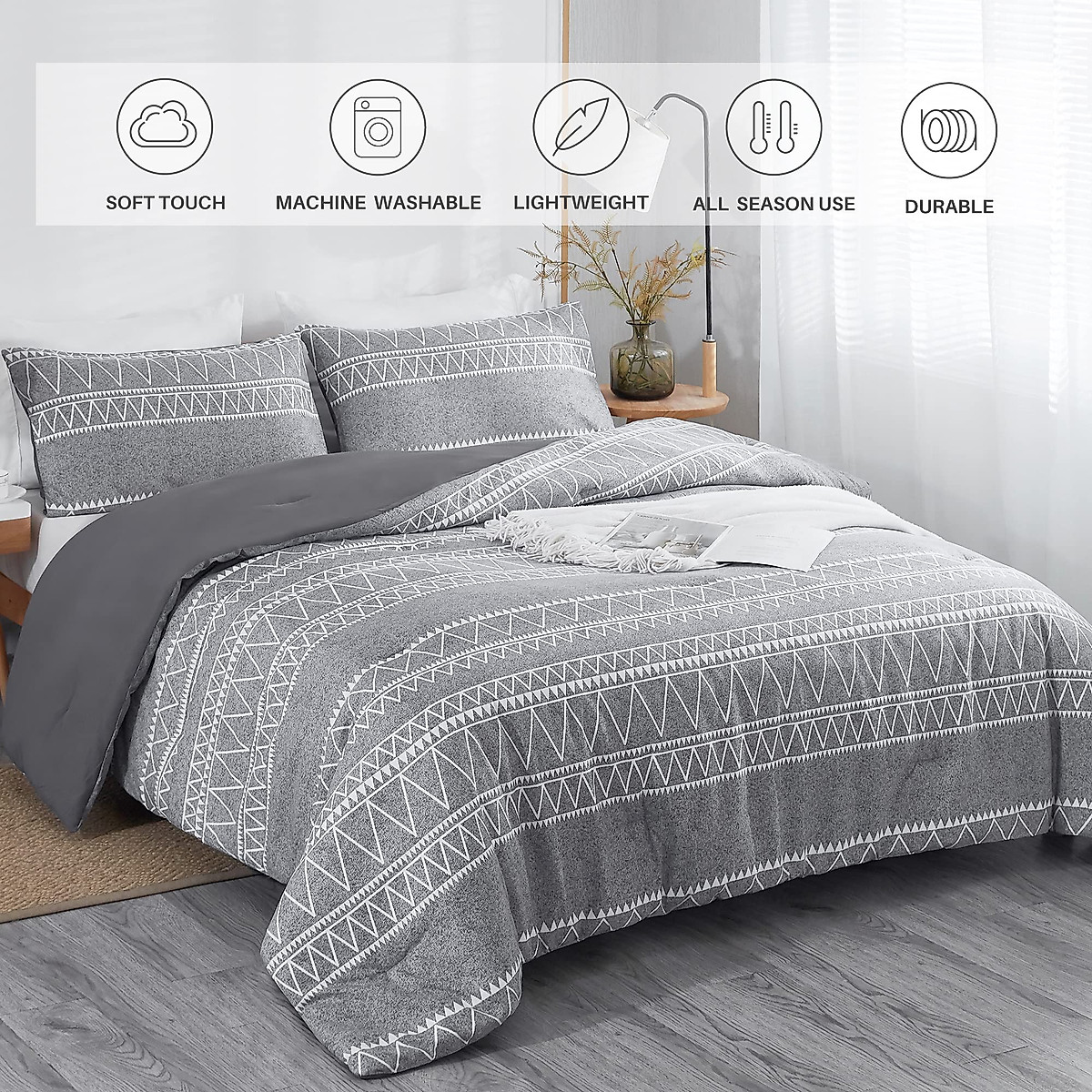Atarashi Grey Comforter Set Queen, Soft Microfiber Reversible Gray Boho Down Alternative Comforter Set for Queen Bed- 3 Pieces (1 Solid Comforter + 2 Pillowcases), Bedding Duvet Set 90"x 90"