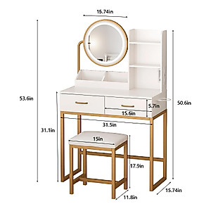 Makeup Vanity with Round Mirror and Lights, White Vanity Makeup Table with Charging Station, Small Vanity Table for Bedroom, 3 Lighting Modes, 31.5in(L)