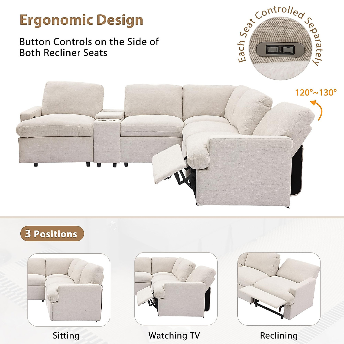 LUMISOL Power Recliner Corner Sofa with Storage Box, 104'' Sectional Couches with USB Ports, Cup Holders and Power Socket, Home Theater Reclining Sofa for Living Room Office Apartment Bedroom, Cream