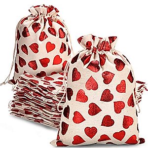 12 Pieces 8 x 10 Inch Valentine's Day Canvas Muslin Bags Packing Pouches Drawstring Candy Bags with Printed Heart for Valentine's Day Christmas Wedding Party Favors Jewelry DIY Craft