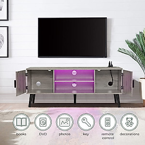 Quimoo TV Stand for 55 inch TV, LED Entertainment Center with LED Lights & Power Outlet, TV Console with 2 Cabinets & Open Shelf, Media Console for Living Room, Bedroom, Grey