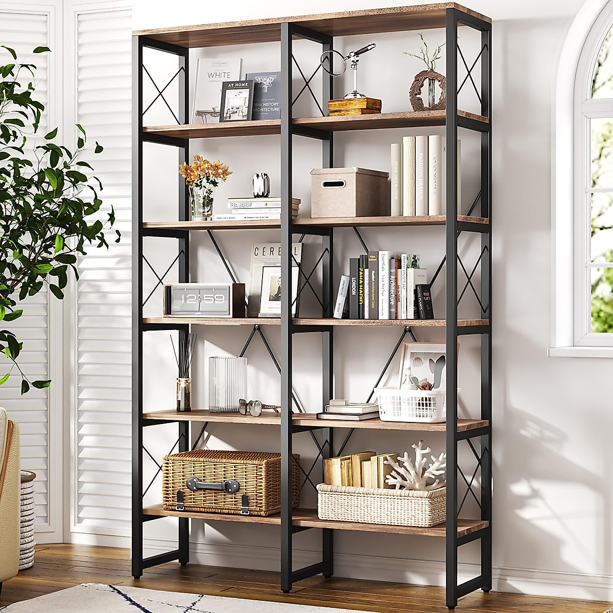 oneinmil Double Wide 6-Tier Bookshelf, Industrial Bookcases with Metal Frame, Open Large Book Shelf, Wood and Tall Display Shelves for Home and Office, Rustic Brown and Black