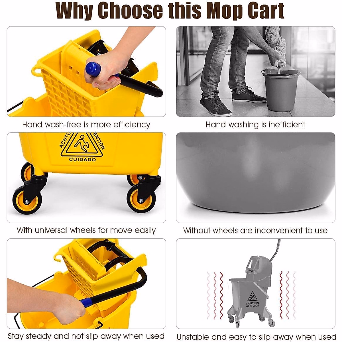 S AFSTAR 32L/8.5 Gallons Mop Bucket with Wringer on Wheels, Commercial Mop Bucket with Wheels & Potable Handle, Industrial Mop Wringer Bucket for Home Office Market Restaurant Hotel (Yellow)