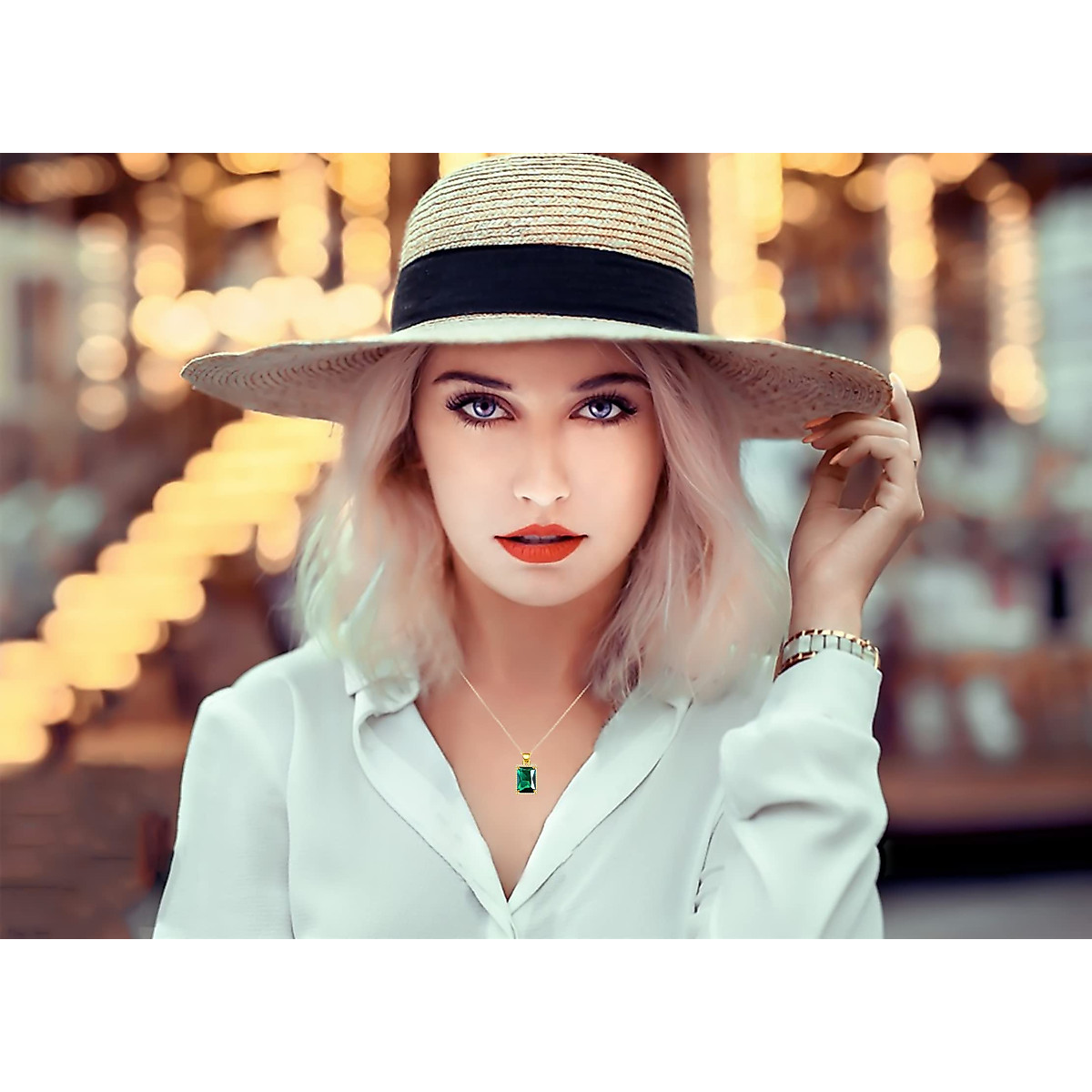 VONSSY Green Pendant Necklace | Rectangle Created-Emerald Pendant Necklace | 18" with 2" Extender Chain