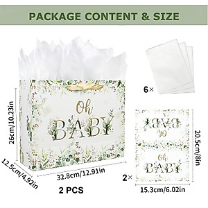 Foxrush 2 Sets of 13" Sage Green Baby Shower Decorations Giftware Bags with Handle, Tissue Papers and Greeting Card for Baby Shower, Giftware Bags for Newborn, Prospective Parents