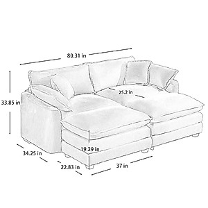 Deep Seat Sectional Sofa Cloud Couch with 2 Ottomans & Soft Pillows, Oversized Corduroy Upholstered Modular Loveseat Convertible Sleeper Sofabed for Living Room, Apartment, Small Space