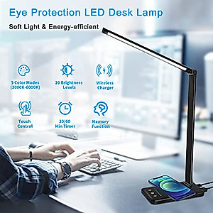 LED Desk Lamp with Wireless Charger USB Charging Port Touch Control Led Desk Light with 5 Modes 10 Brightness Eyes Caring 30/60 Mins Auto Timer Adjustable Arm Black Desk Lamps for Home Office Dorm