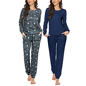 Ekouaer 2 Pack Women's Pajama Set Long Sleeve Top With Jogger Pants Lounge Sets Sleepwear Loungewear with Pockets